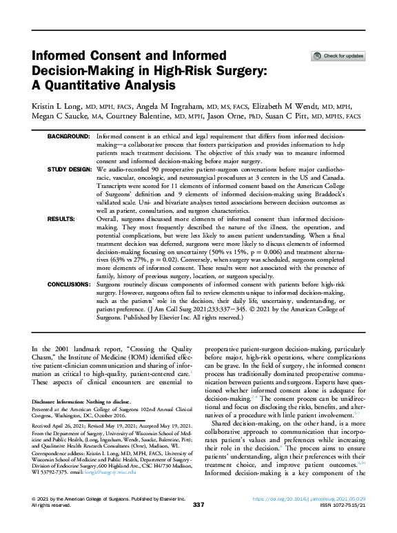 (PDF) Informed Consent and Informed Decision-Making in High-Risk ...