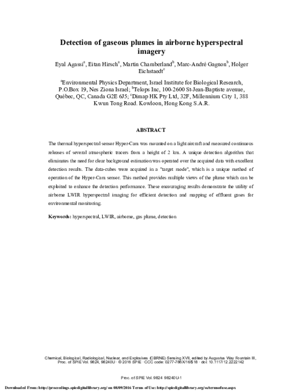 (PDF) Detection of gaseous plumes in airborne hyperspectral imagery