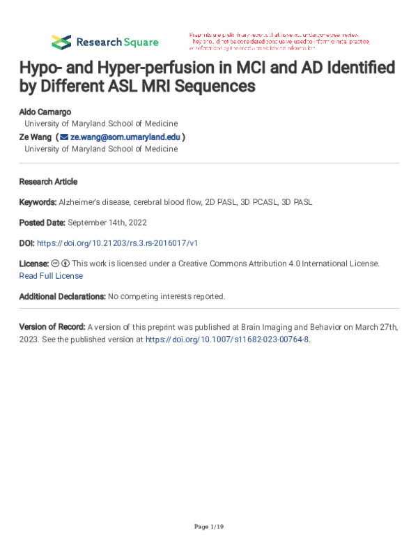 (PDF) Hypo- and Hyper-perfusion in MCI and AD Identified by Different ...
