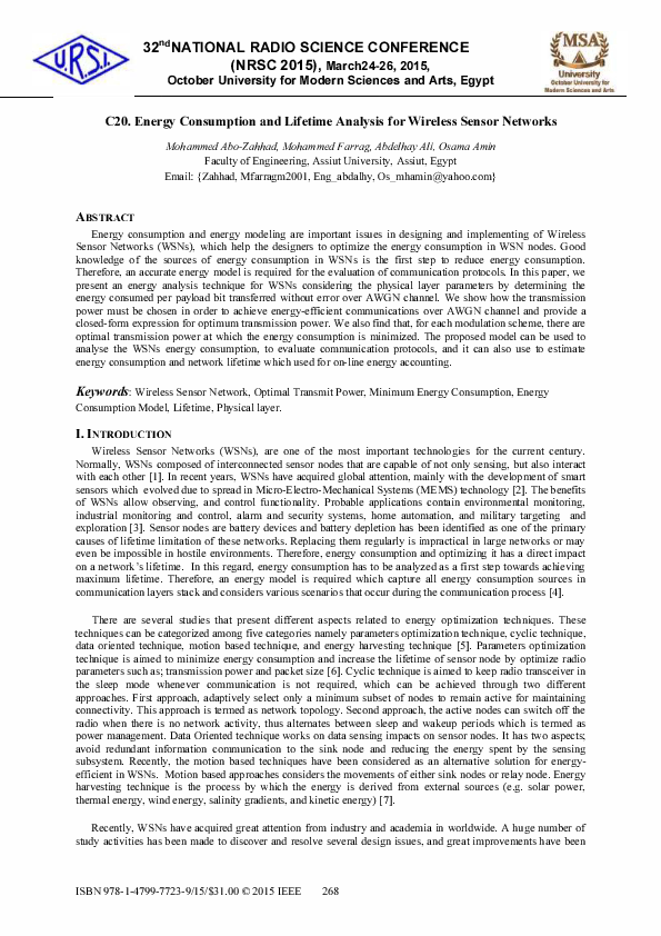 (PDF) C20. Energy consumption and lifetime analysis for Wireless Sensor Networks