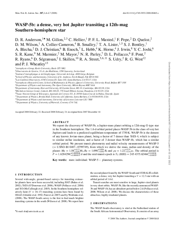 (PDF) WASP-5b: a dense, very hot Jupiter transiting a 12th-mag Southern ...