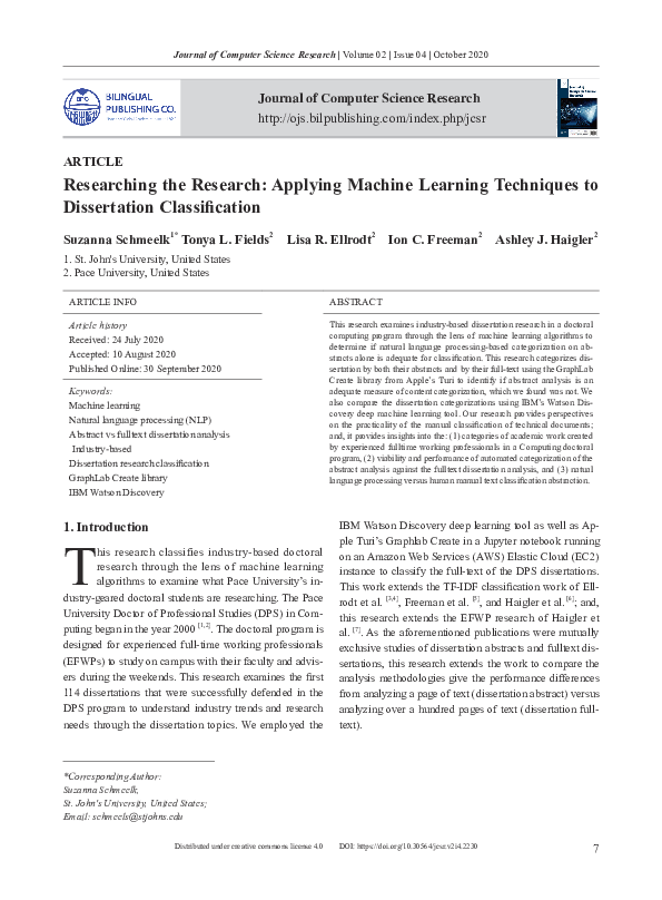 (PDF) Researching the Research: Applying Machine Learning Techniques to Dissertation Classification