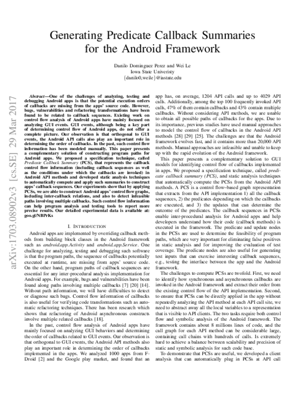 Pdf Generating Predicate Callback Summaries For The Android Framework
