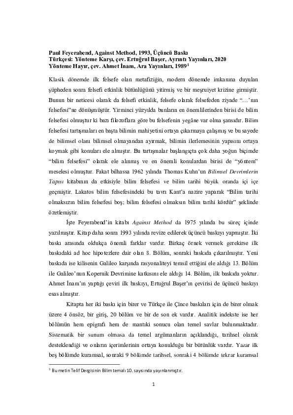 (PDF) Paul Feyerabend Against Method / Yönteme Karşı