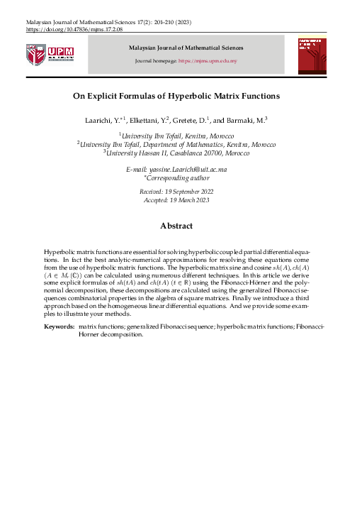 On Explicit Formulas Of Hyperbolic Matrix Functions