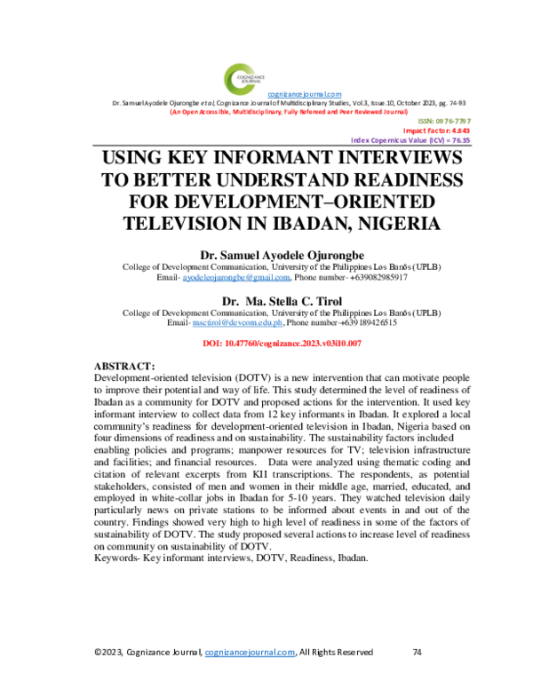 (PDF) USING KEY INFORMANT INTERVIEWS TO BETTER UNDERSTAND READINESS FOR DEVELOPMENT–ORIENTED ...