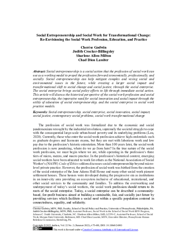 (PDF) Social Entrepreneurship and Social Work for Transformational Change