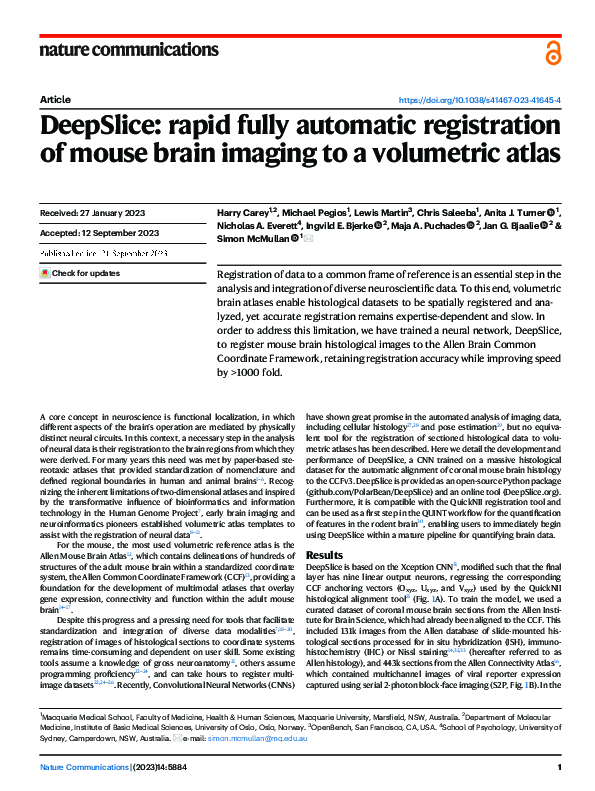 (PDF) DeepSlice: rapid fully automatic registration of mouse brain imaging to a volumetric atlas