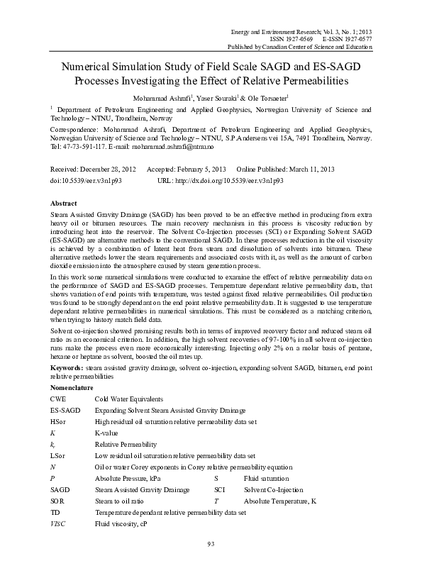 (PDF) Numerical Simulation Study of Field Scale SAGD and ES-SAGD Processes Investigating the ...