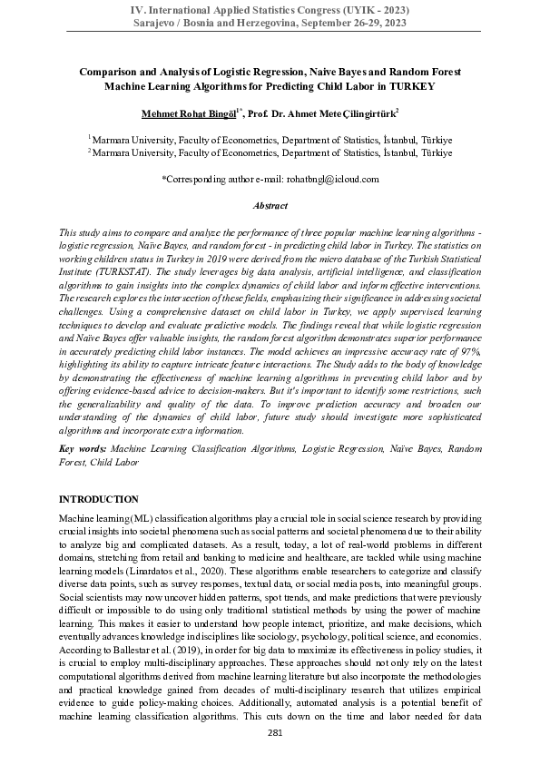 (PDF) Machine Learning for Predicting Child Labor in Turkey