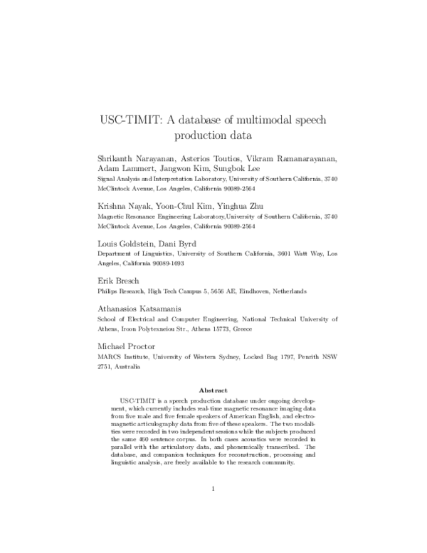 (PDF) USC-TIMIT: A database of multimodal speech production data