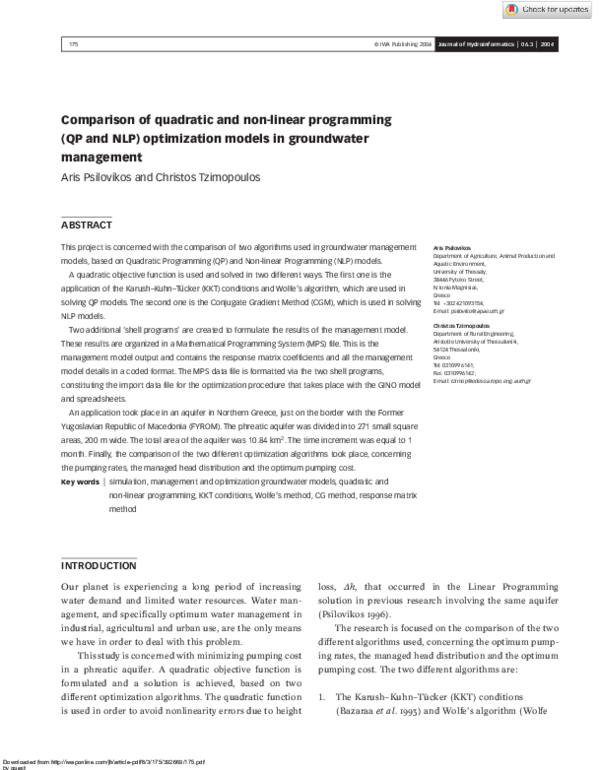 (PDF) Comparison of quadratic and non-linear programming (QP and NLP) optimization models in ...