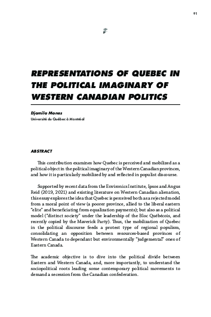 (PDF) REPRESENTATIONS OF QUEBEC IN THE POLITICAL IMAGINARY OF WESTERN ...
