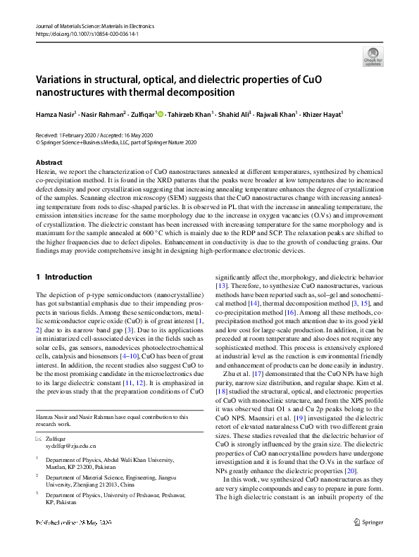 (PDF) Variations in structural, optical, and dielectric properties of CuO nanostructures with ...