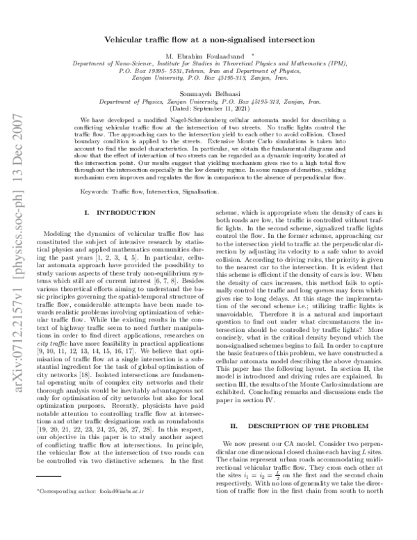 (PDF) Vehicular traffic flow at a non-signalized intersection