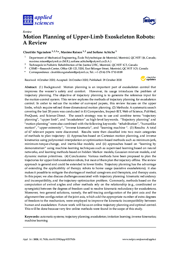 (PDF) Motion Planning of Upper-Limb Exoskeleton Robots: A Review