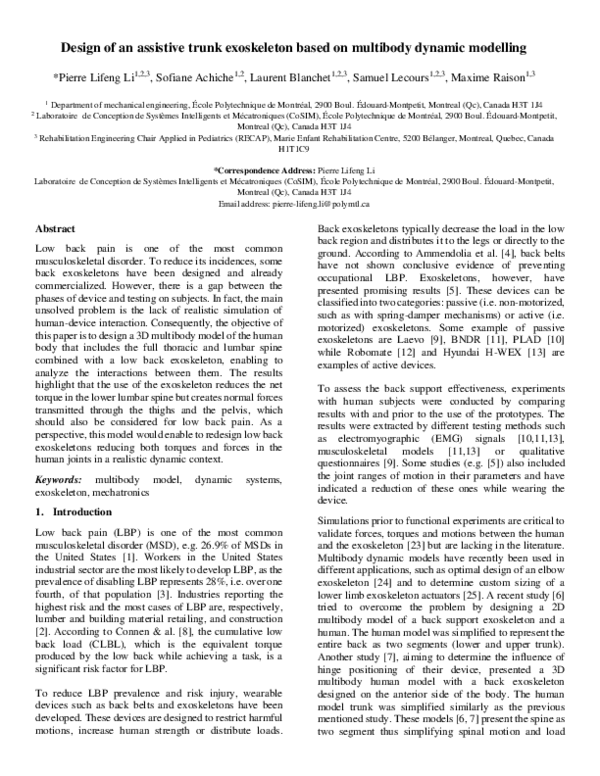 (PDF) Design of an assistive trunk exoskeleton based on multibody dynamic modelling