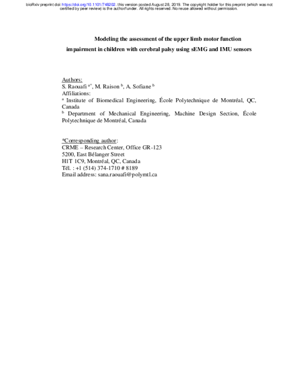 (PDF) Modeling the assessment of the upper limb motor function impairment in children with ...