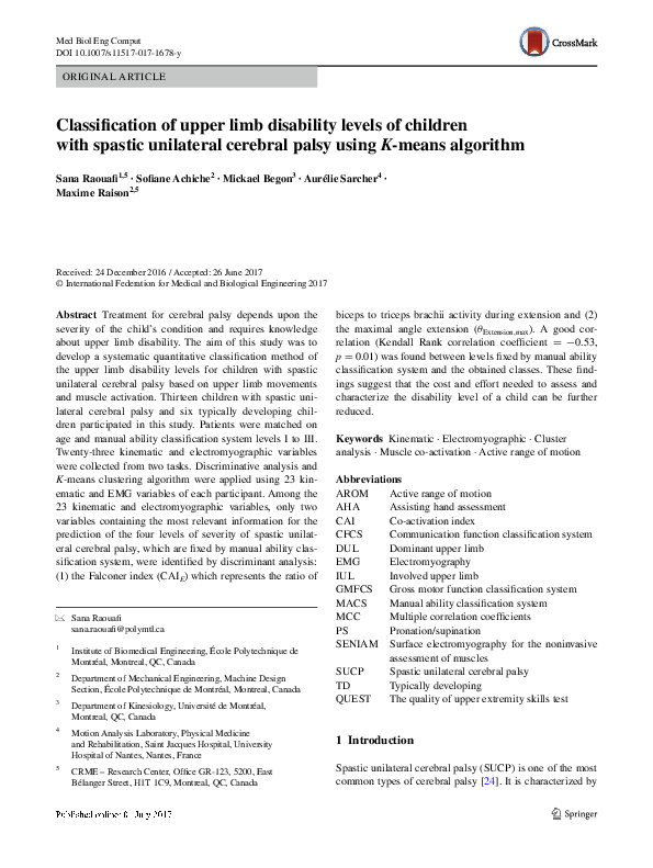 (PDF) K-means Classification of Disability in Children with CP
