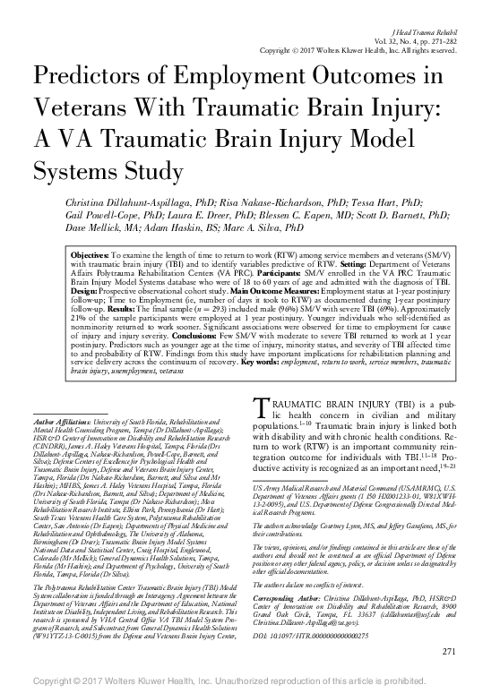 (PDF) Predictors of Employment Outcomes in Veterans With Traumatic ...