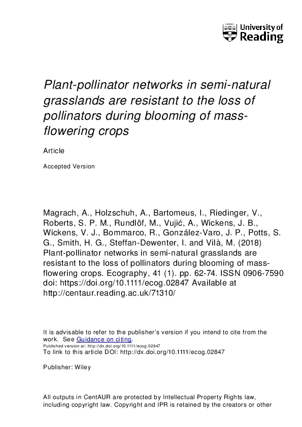 (PDF) Plant–pollinator networks in semi‐natural grasslands are ...