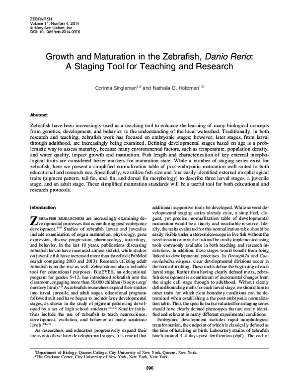 (PDF) Growth and Maturation in the Zebrafish, Danio Rerio : A Staging ...
