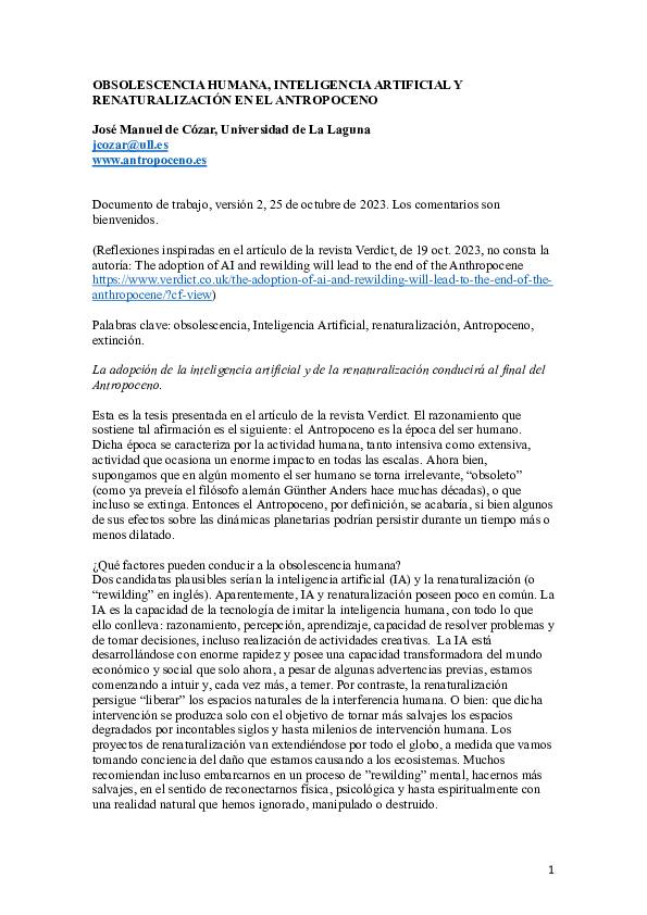 (PDF) OBSOLESCENCIA HUMANA, INTELIGENCIA ARTIFICIAL Y RENATURALIZACIÓN ...