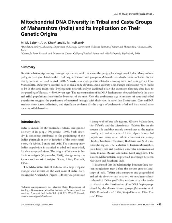 (PDF) Mitochondrial DNA Diversity in Tribal and Caste Groups of Maharashtra (India) and its ...