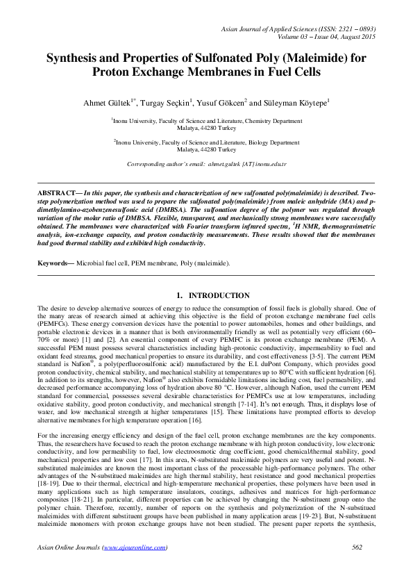 (PDF) Synthesis and Properties of Sulfonated Poly (Maleimide) for ...