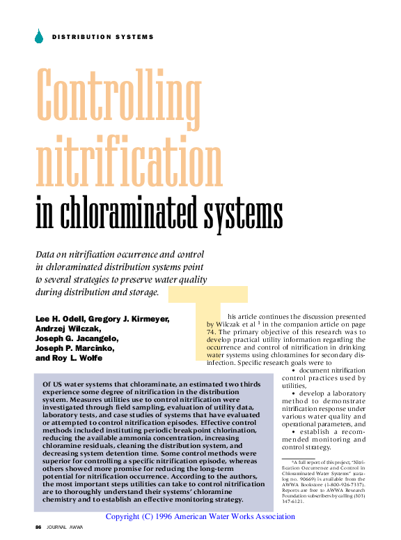 (PDF) Controlling nitrification in chloraminated systems