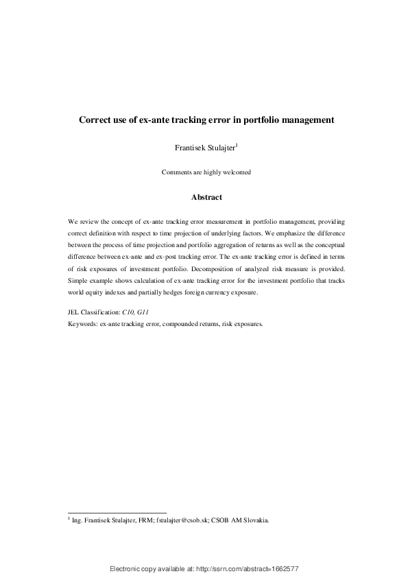 (PDF) Correct Use of Ex-Ante Tracking Error in Portfolio Management
