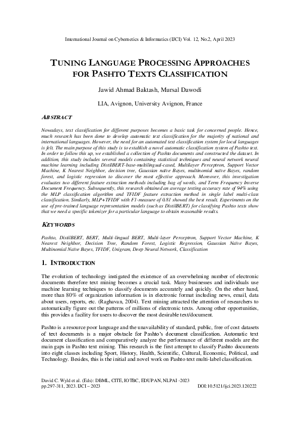 (PDF) Tuning Language Processing Approaches for Pashto Texts Classification (PDF) Tuning Language Processing Approaches for Pashto Texts Classification