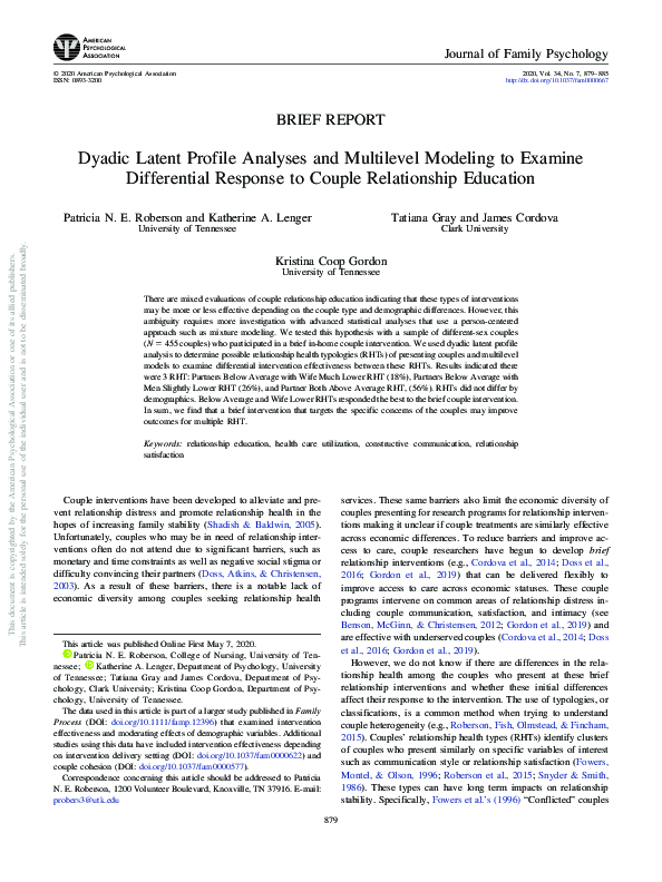 (PDF) Dyadic latent profile analyses and multilevel modeling to examine differential response to ...