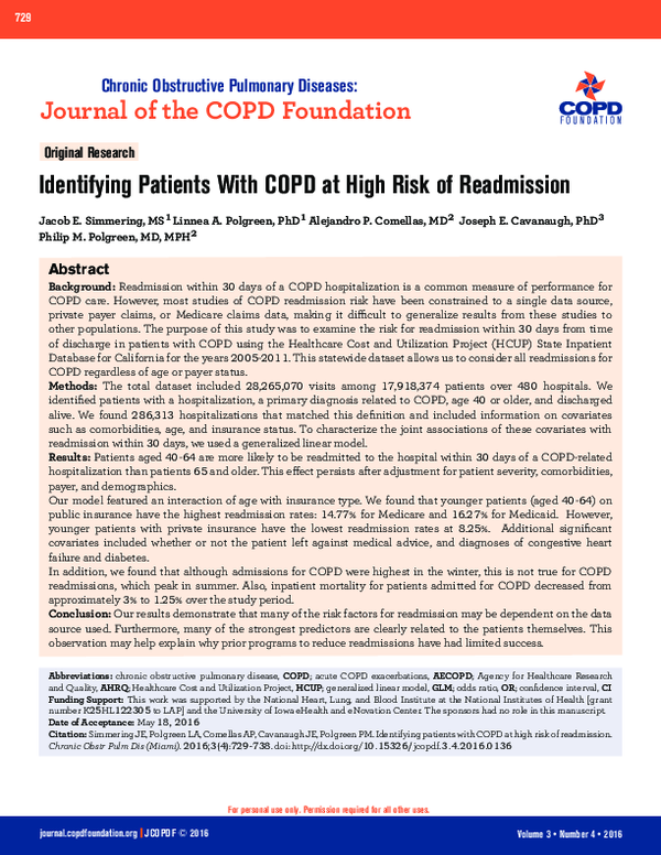 Pdf Identifying Patients With Copd At High Risk Of Readmission