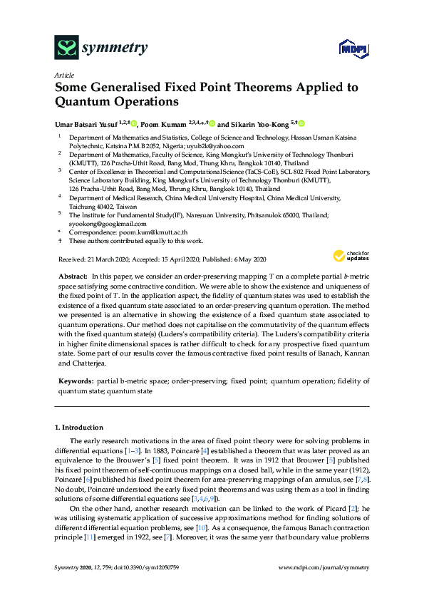 (PDF) Some Generalised Fixed Point Theorems Applied to Quantum Operations | Umar Yusuf ...