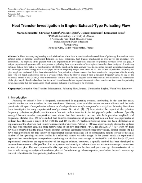 (PDF) Heat Transfer Investigation in an Engine ExhaustType Pulsating Flow