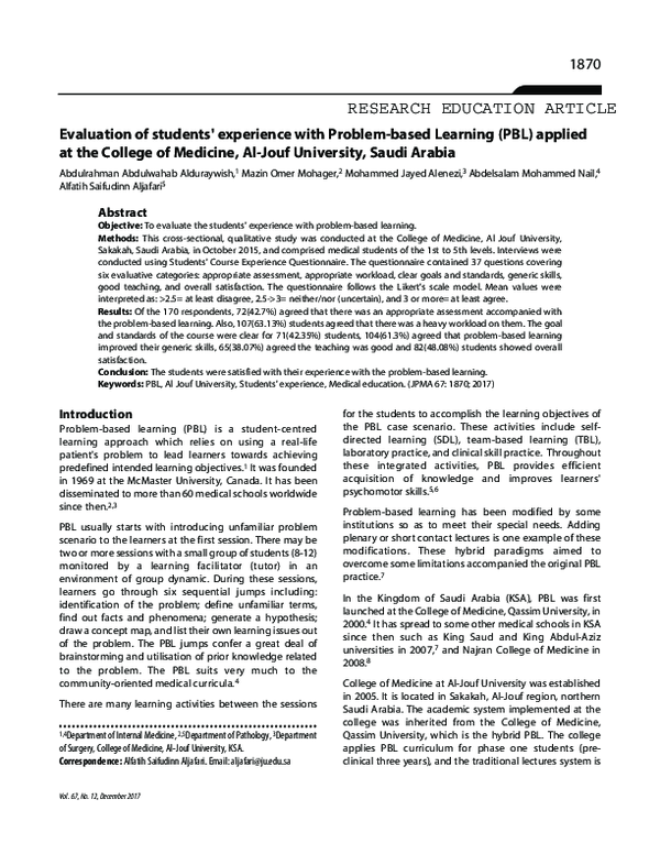 (PDF) Evaluation of students' experience with Problem-based Learning (PBL) applied at the ...