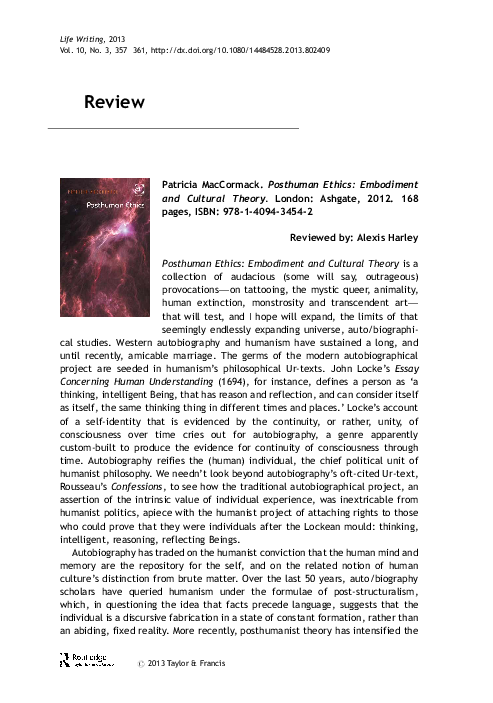 (PDF) Posthuman Ethics: Embodiment and Cultural Theory