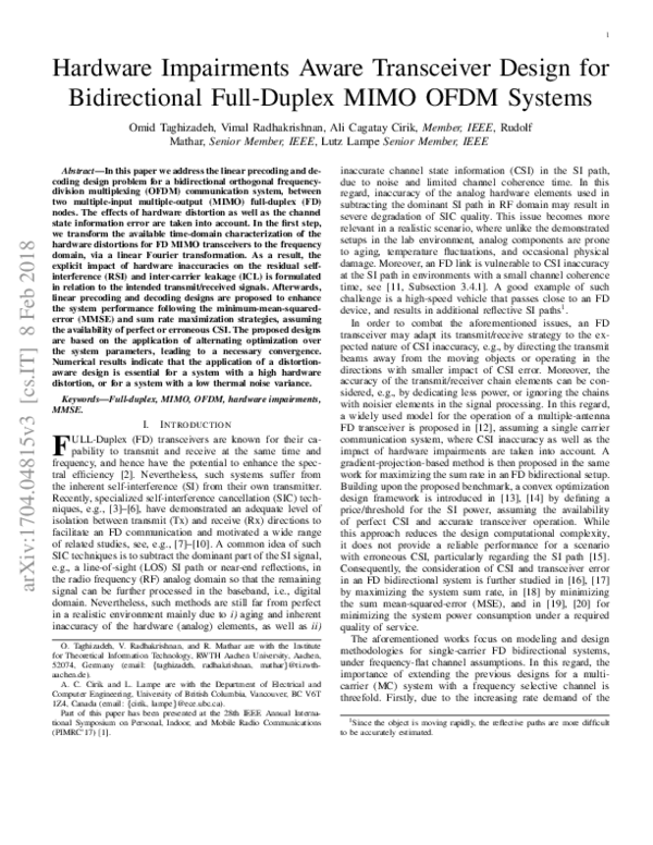 (PDF) Linear Transceiver Design for Bidirectional Full-Duplex MIMO OFDM Systems