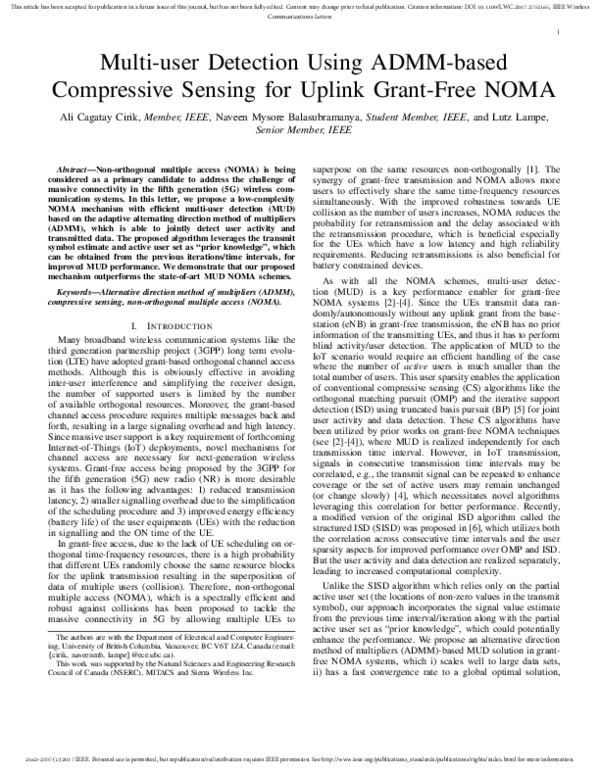 (PDF) Multi-User Detection Using ADMM-Based Compressive Sensing for Uplink Grant-Free NOMA | Ali ...