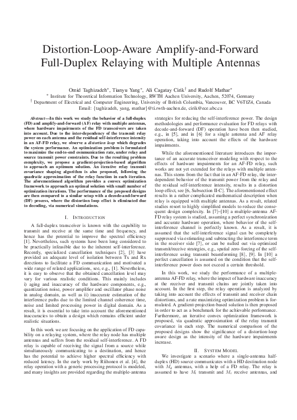 (PDF) Distortion-loop-aware amplify-and-forward full-duplex relaying with multiple antennas