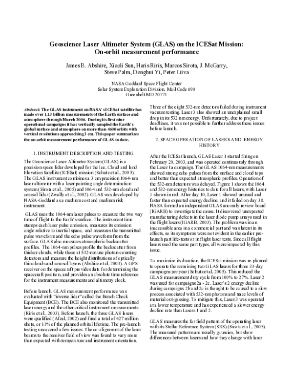 (PDF) Geoscience Laser Altimeter System (GLAS) on the ICESat Mission ...
