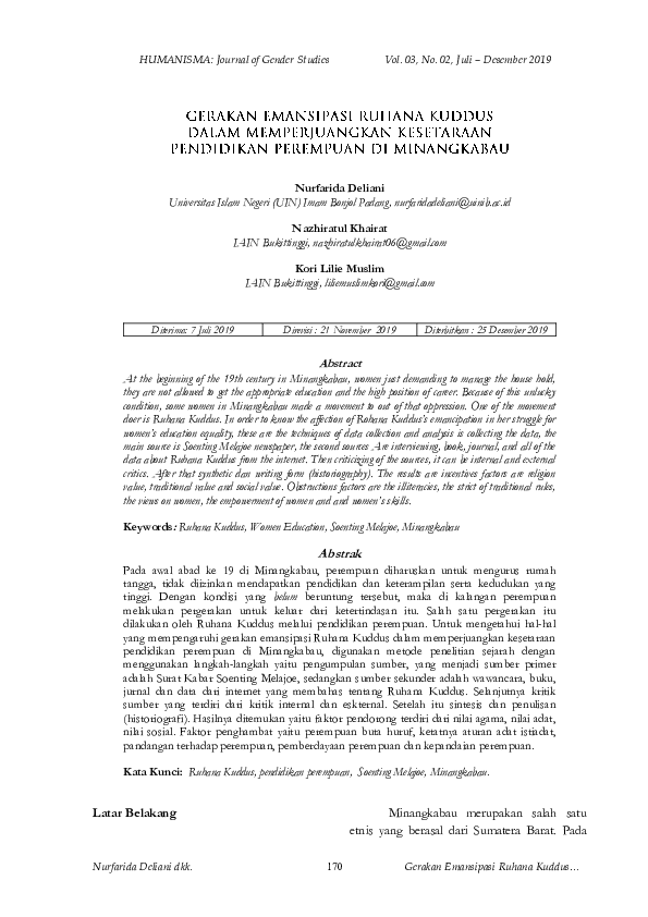 (PDF) Gerakan Emansipasi Ruhana Kuddus Dalam Memperjuangkan Kesetaraan Pendidikan Perempuan DI ...
