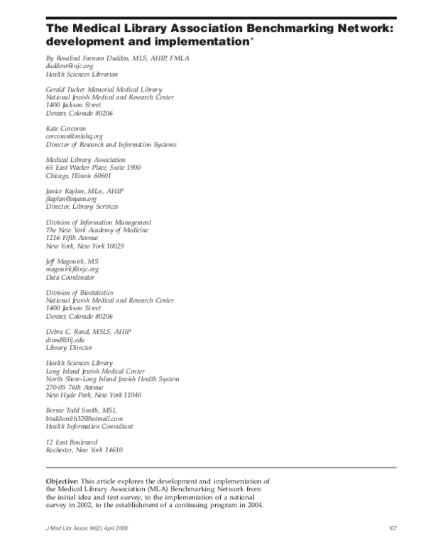 (PDF) The Medical Library Association Benchmarking Network: development and implementation