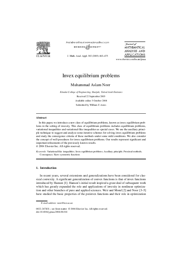Pdf Invex Equilibrium Problems