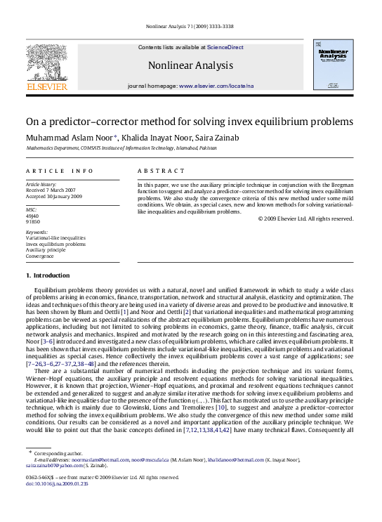 Pdf On A Predictorcorrector Method For Solving Invex Equilibrium Problems