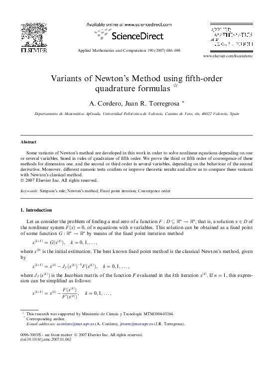 (PDF) Variants of Newton's Method Using Fifth-Order Quadrature Formulas: Revisited