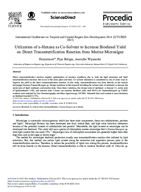(PDF) Utilization of n-Hexane as Co-solvent to Increase Biodiesel Yield on Direct ...