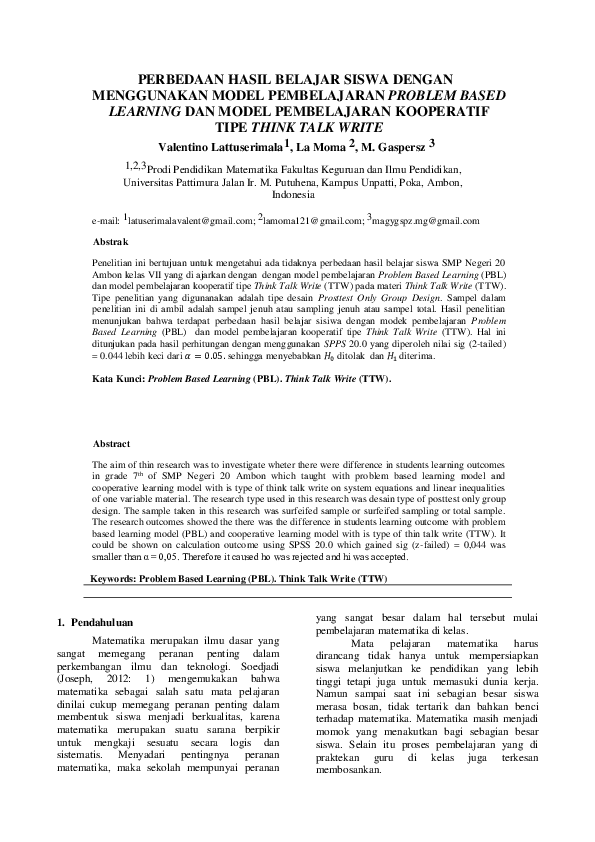 (PDF) Perbedaan Hasil Belajar Siswa Dengan Menggunakan Model Pembelajaran Problem Based Learning ...