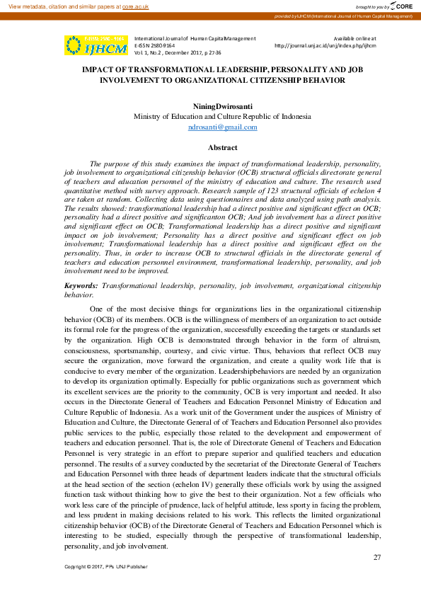 (PDF) Impact of Transformational Leadership, Personality and Job Involvement to Organizational ...